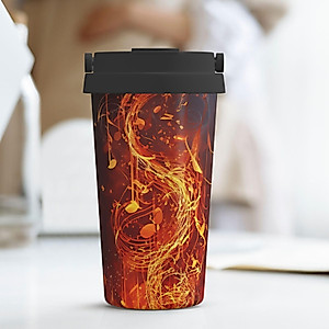 Reusable Coffee Mug with Lid and Handle, Red Flame Music Note Tumbler for Hot & Cold Drinks 16oz Stainless Steel Insulated Coffee Tumblers Double Wall Vacuum Thermal Cup