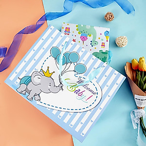 U'COVER 13" Welcome Baby Boy Girl Gift Bags for Baby Shower Medium Size with Ribbon Handles Cute Elephant Balloon Kraft Paper Bag with Tissue Paper Greeting Card 13 X 4.7 X 10 inch