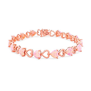 Lexi and Rose 14K Rose Gold Plated .925 Sterling Silver & Heart Shaped Lab-Grown Pink Opal Cabochon Heart Link Tennis Bracelet - 7-1/4"