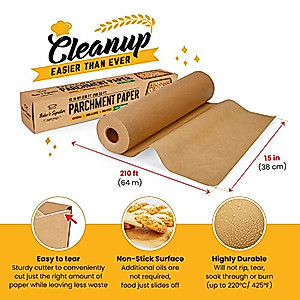 Unbleached Parchment Paper Roll 15 in x 210 ft 260 Sq.Ft Paper Baking Paper by Baker’s Signature | Silicone Coated – Will not Soak Through or Burn – Non-Toxic & Comes in Convenient Packaging
