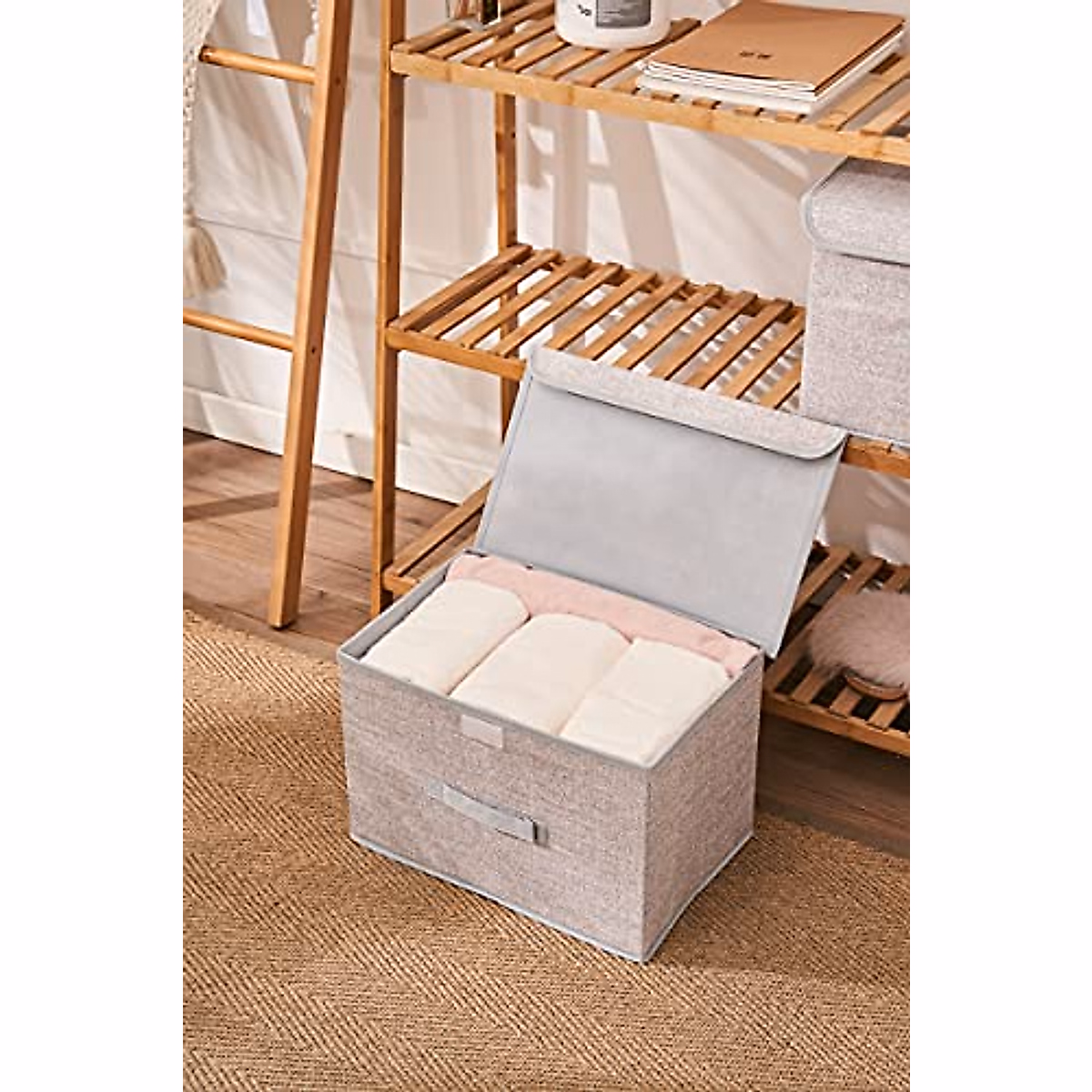 SamiTime Large Foldable Storage Orangizer Bins Boxes with Lids Cover, Fabric Storage Baskets Containers Cube with Cover for Home Bedroom Closet Office Nursery (Gray Linen)