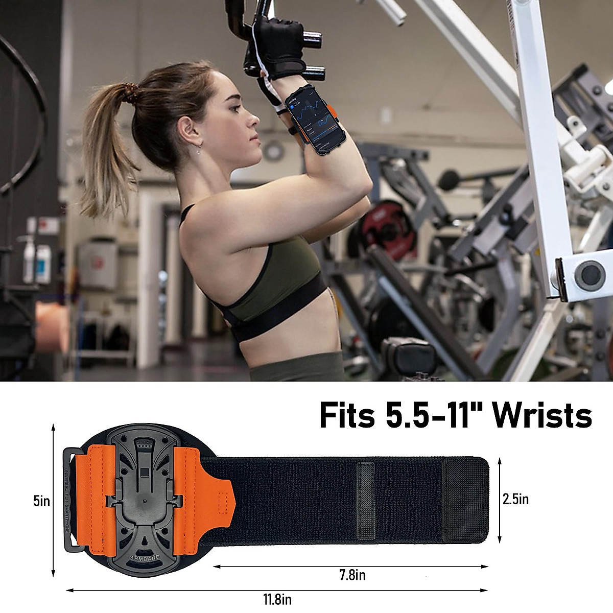 HLOMOM Running Wristband Phone Holder,Jogging Wrist Bands 360° Rotatable & Detachable Compatible with All 4.5-7 inch Cellphone for iPhone 15/14/Pro/ProMax/13/12/11/mini/XS/XR,for Workout Cycling