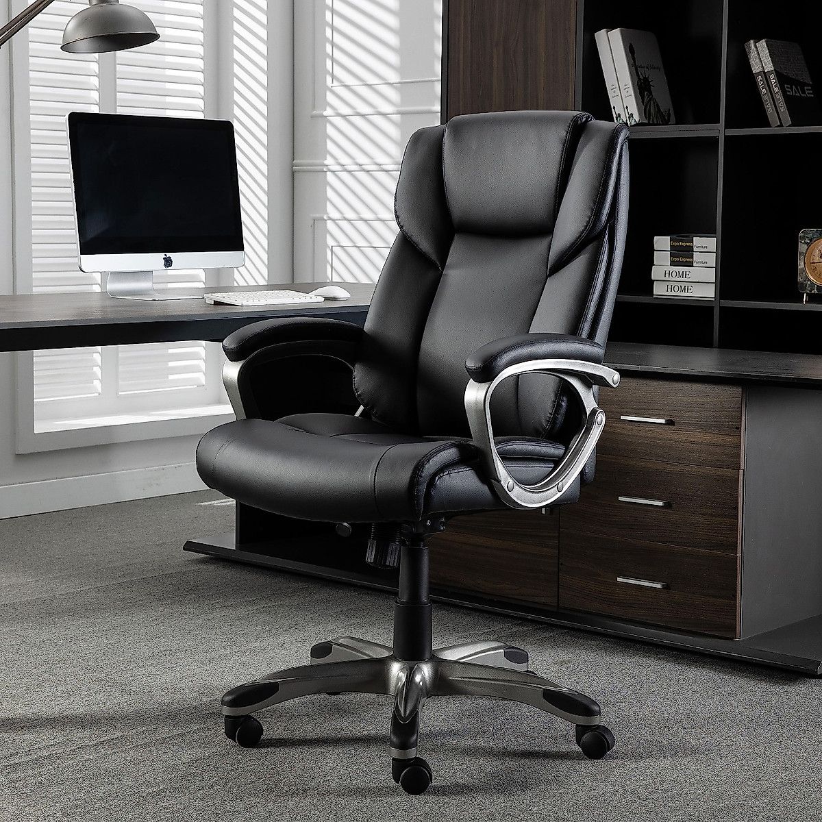 ICOMOCH Modern Soft Leather Ergonomic Executive Computer Boss Padding Armrest Swivel Desk Office Chair, Large, Black