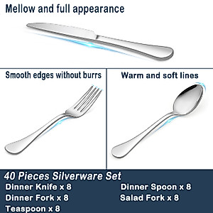 HaWare Silverware Set, 40-Piece 18/10 Stainless Steel Flatware Set Service for 8, Luxury Cutlery Set with Ultra Sharp Serrated Knife, Modern Eating Utensil Include Knife Fork Spoon, Dishwasher Safe