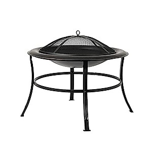 Fire Sense 62237 Fire Pit Tokia Steel Wood Burning Lightweight Portable Outdoor Firepit Rounded Lip & Curved Legs Included Wood Grate & Screen Lift Tool - 30" Round - Black