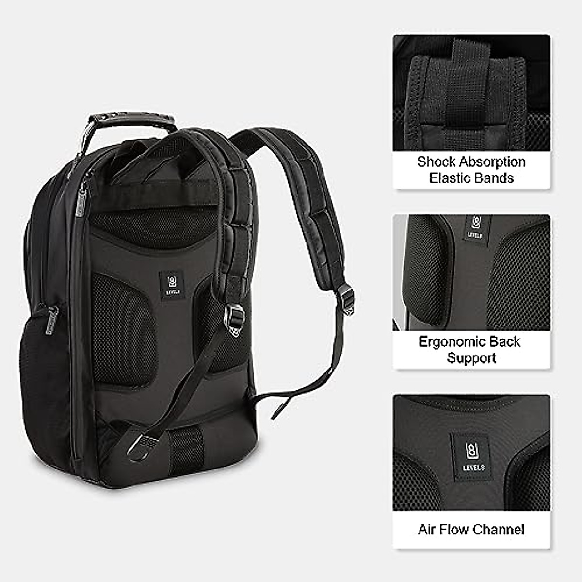 LEVEL8 Laptop Backpack, Durable Work Backpack for Men Women, Computer Bag for Business Fits 15.6" Laptop and Notebook - Black
