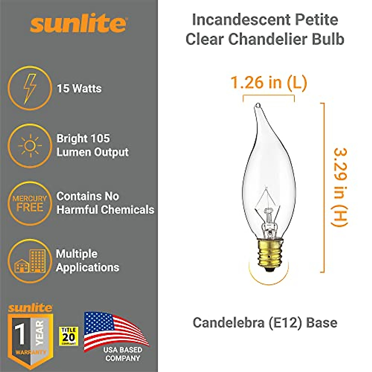 Sunlite Incandescent 15 Watt Petite Chandelier 105 Lumens Clear Light Bulb 12 Pack
