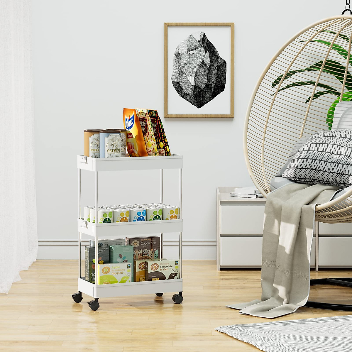 OTK Storage Cart 3 Tier Mobile Shelving Unit Organizer, Utility Rolling Shelf Cart with Wheels for Bathroom Kitchen Bedroom Office Laundry Narrow Places, White