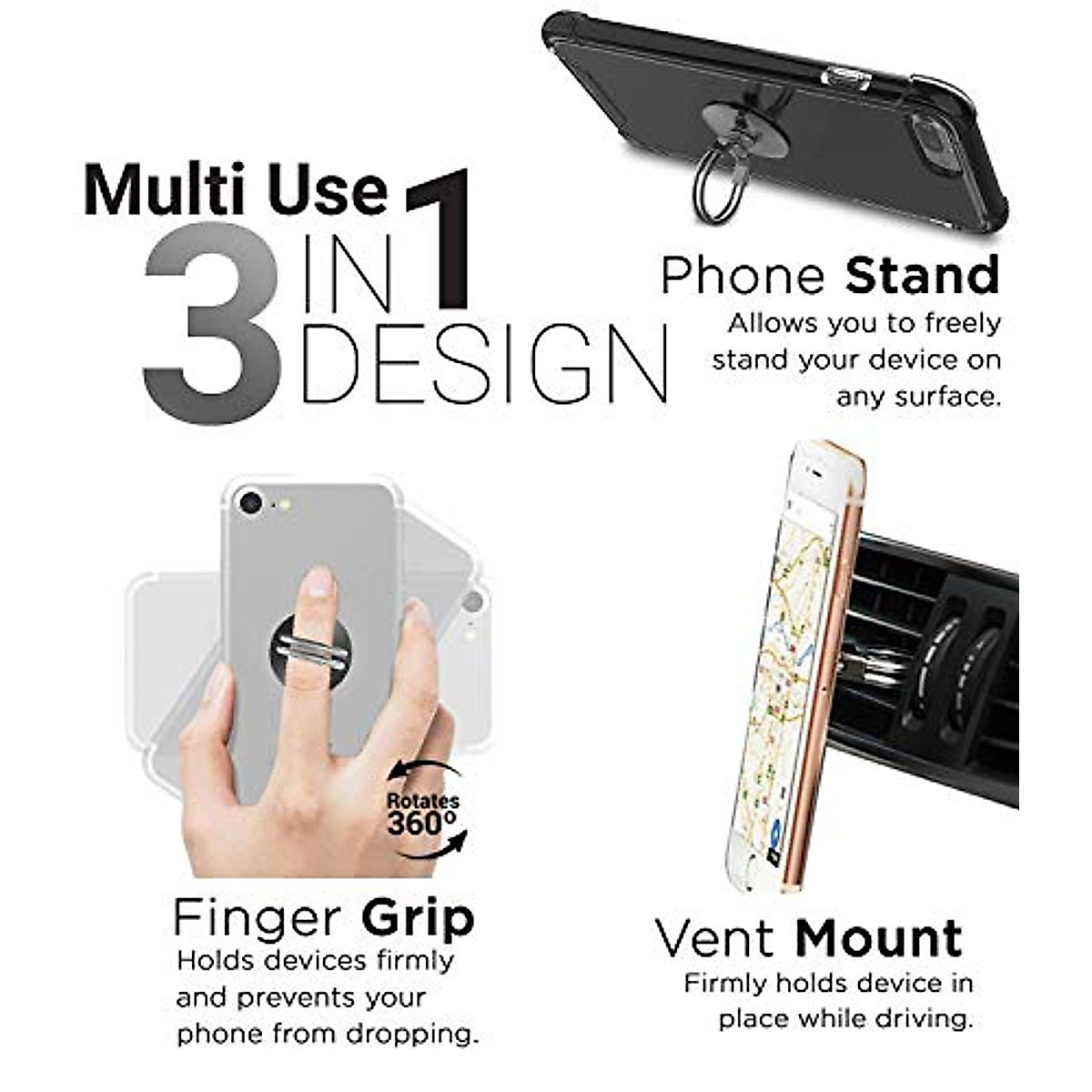 Aduro Phone Ring Holder [3-in-1] - Phone Ring, Phone Stand, Phone Car Vent Mount, Finger Grip Phone Holder for All iPhone, Samsung Galaxy (Black)