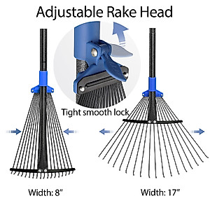 Adjustable Metal Leaf Rake Long Handle, Garden Rakes for Lawns Heavy Duty Leaves with Expandable Head 8-17", Yard Women Kids Rake for Gardening RV Camping