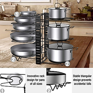 KAPTRON Pot Rack Organizer, 3 DIY Methods, Height and Position are Adjustable - 8 Pots Holder, Metal Kitchen Cabinet Pantry Pot Pan Lid Holder (BLACK)