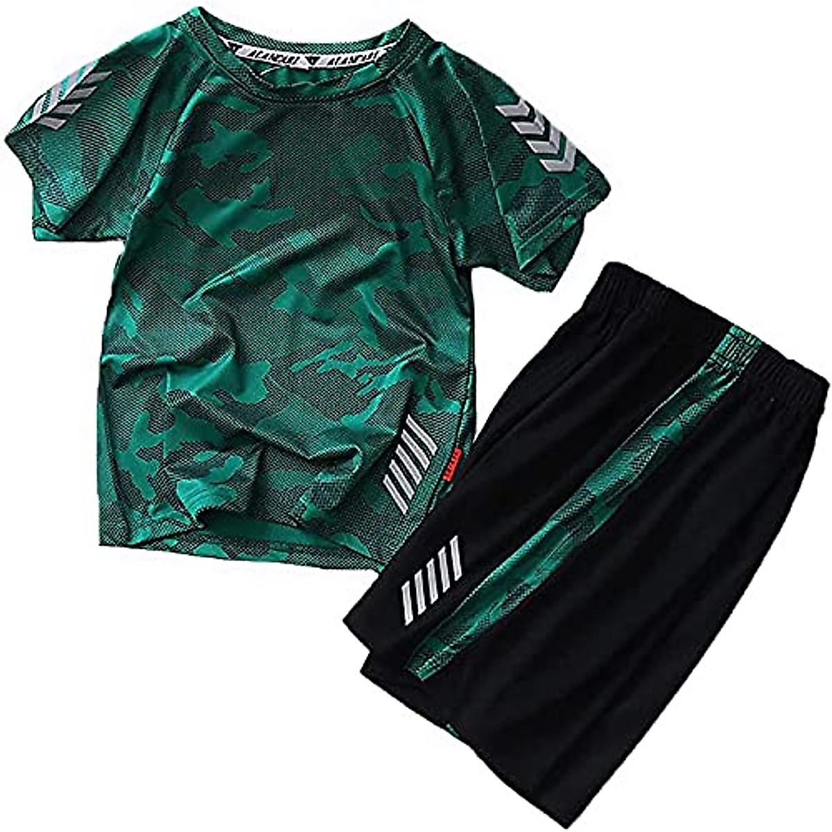 Jellyuu Boys Summer Clothing Sets Kids Short Sleeve Outfit Set Camouflage T-Shirt+ Shorts Sportswear Quick-dry 2Pcs (Green-mesh 9-10 Years)