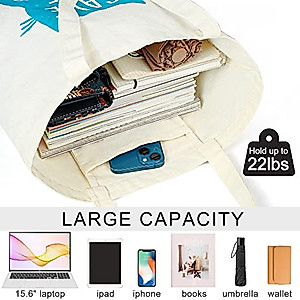 LotFancy Canvas Tote Bag for Women, Large Cute Tote Bag with Inner Pocket, Double Printed Reusable Grocery Bag for Beach School Travel, Book Tote Bags (CAT SAVE THE EARTH)