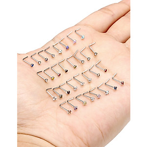 Leiainely 22g 22 g Gauge Thin Nose Rings Studs Piercings Aretes Para La Nariz for Women Men 2mm Gems L Shape Shaped Nostril Jewelry Hypoallergenic Surgical Stainless Silver Steel