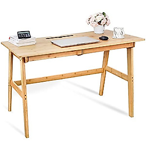 Dicunoy Computer Desk with 2 Drawers, 46" Solid Bamboo Home Office Writing Desk for Small Spaces, Compact Simple Style Tables with Gap Design and Hook for PC, Laptop, Students, Study, Makeup, Bedroom