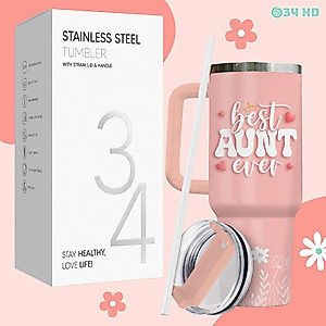 34HD Best Auntie Ever Tumbler with Handle and Straw, 40oz Stainless Steel Aunty Mug, Aunt Coffee Cup, Aunt Birthday Mothers Day Gifts from Nieces and Nephew