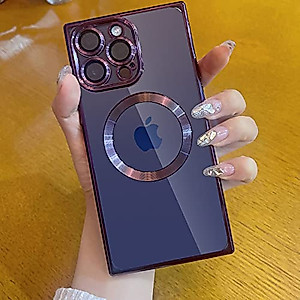KSWOUS Magnetic Clear for iPhone 14 Pro Max Case Square, Luxury Plating Transparent Shockproof MagSafe Case with Full Camera Lens Protector for Women Girls Phone Case for iPhone 14 Pro Max-Purple
