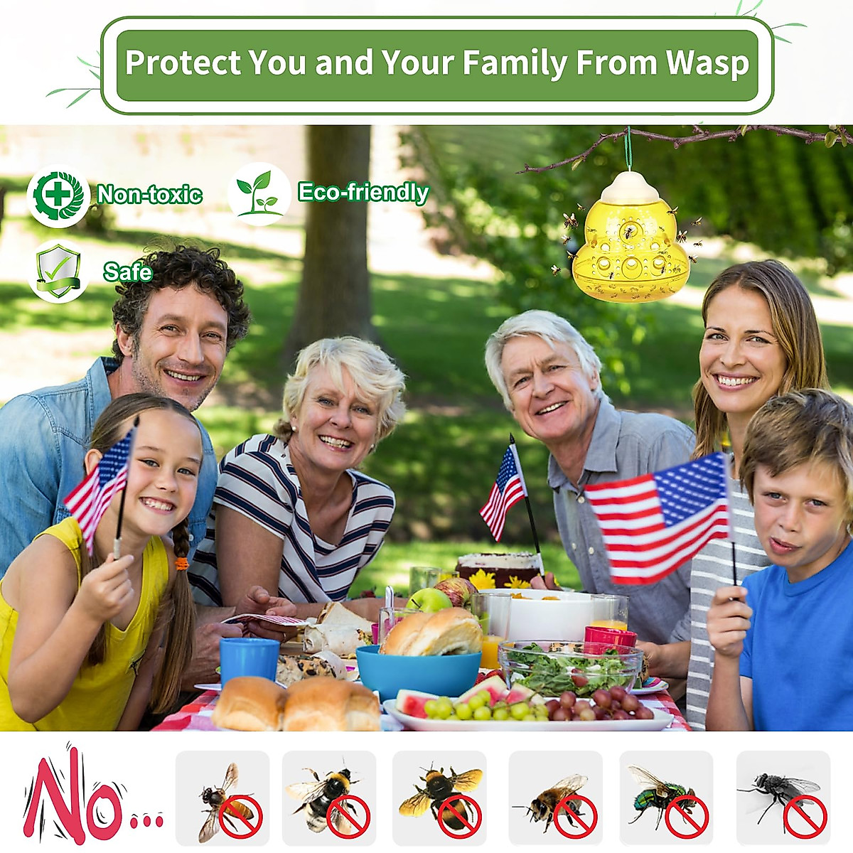 Wasp Trap for Outdoors, Effective Yellow Jacket and Hornet Catcher, Non-Toxic Reusable Hanging Bee Trap, Durable Outdoor Insect Killer - Yellow, 2 Pack