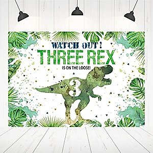 Hilioens 5×3ft Three-rex Birthday Backdrop for Boys Dinosaur 3rd Birthday Green Leaf Background 3 Years Old Dinosaur Theme Party Banner Decorations