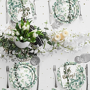 Sage Greenery Baby Shower Party Supplies Disposable Paper Plates Napkins Cups and Tablecloth for Boho Greency Party Decorations, Serve 25.