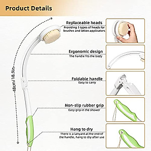 Fanwer 3 in 1 Back Brush Long Handle for Shower & Lotion Applicator for Back, 18.9in Back Scrubber for Shower,Shower Body Brush with Curved Handle for Men and Women with Limited Mobility