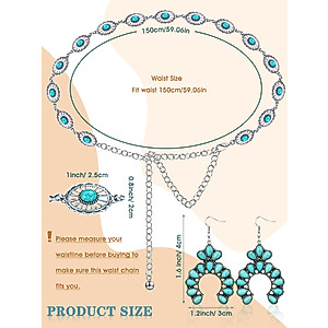 Glenmal Western Concho Chain Belt Turquoise Earrings Set Western Waist Belts Bohemian Turquoise Earrings for Women Men(Noble Style)