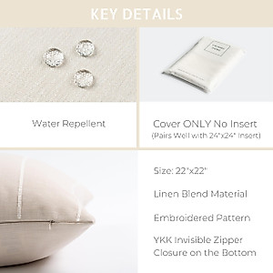 Crumbs Home Modern Farmhouse Fall Linen Indoor Outdoor Throw Pillow Cover Only, 22"x22" Water Repellent for Patio, Backyard, Couch, Antique Neutral Embroidered Stripes