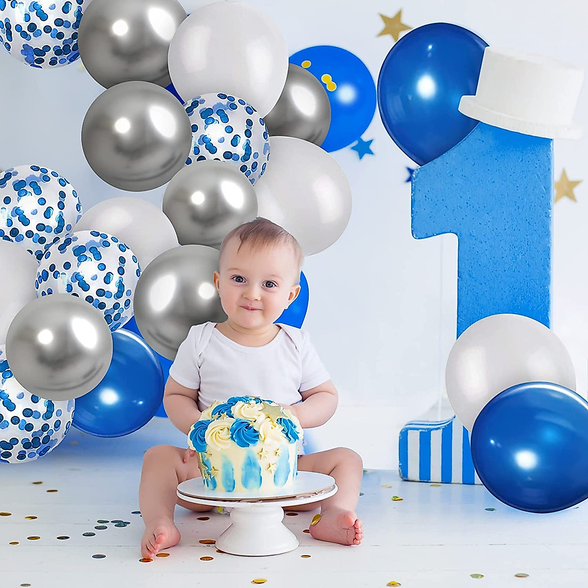 Blue and Silver Balloons 90Pcs Royal Blue and Silver Confetti Balloons 12 Inches White and Blue Latex Balloons for Baby Shower, Birthday, Bridal Shower, Wedding Party Decoration