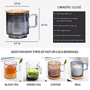 Leadiy Pink Glass Coffee Mug with Lid, Clear Glass Coffee Cups, Classical Vertical Stripes Coffee Mugs for Latte Juice Tea 12.5 Ounces