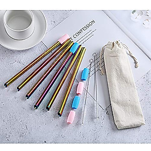 6 Pcs Reusable Boba Straws Smoothie Straws, 0.5" Wide Stainless Steel Straws, Angled Tips Metal Straws for Bubble Tea, Milkshakes, Smoothies with Cleanning Brush & Case (Rainbow)