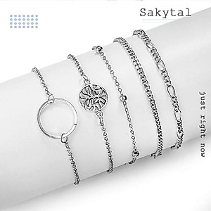 Sakytal Boho Layered Link Bracelets Silver Stackable Bracelet Set Circle Stacking Bracelet for Women(5PCS)