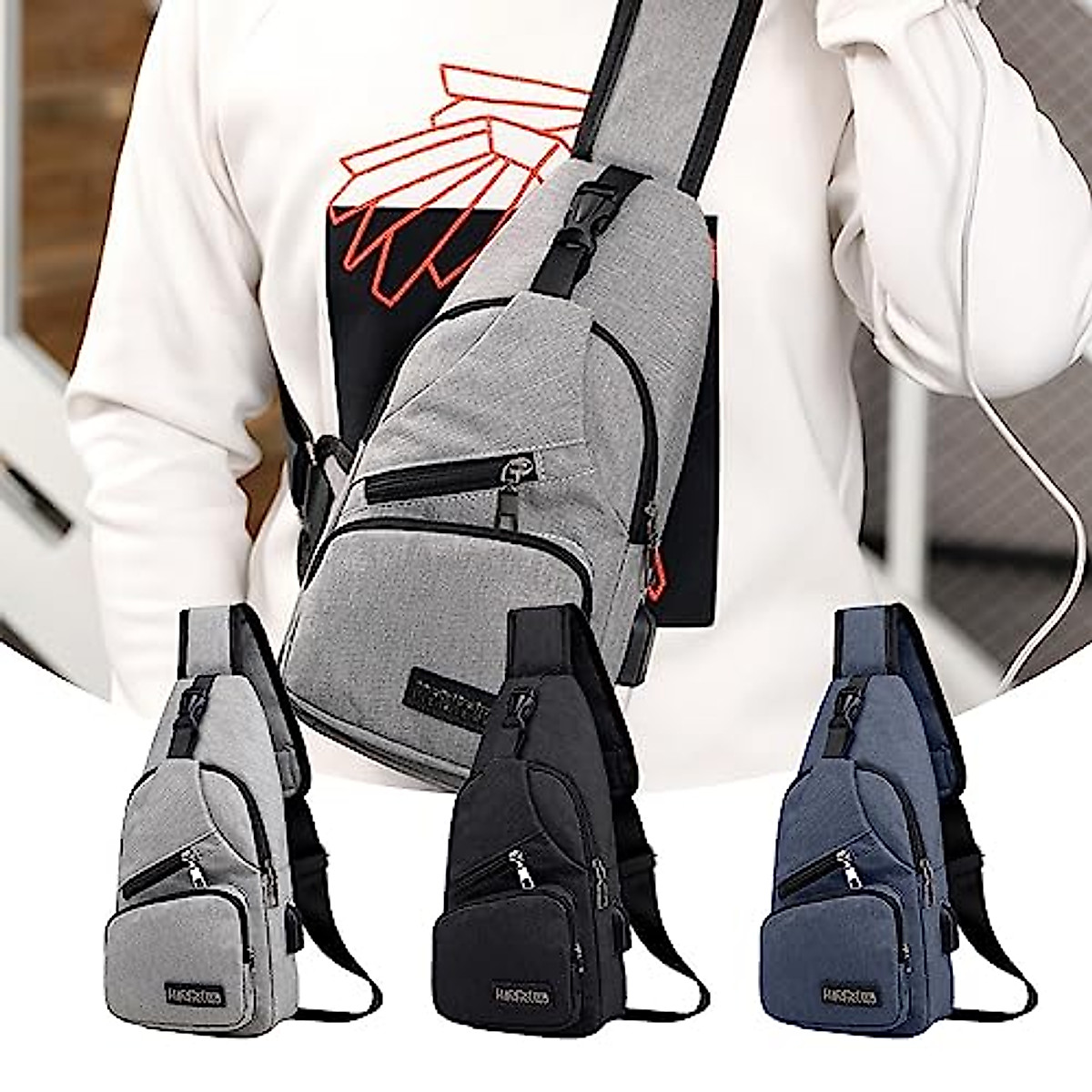 Rvkxad Crossbody Sling Bag - Waterproof Crossbody Backpack Bag with USB Charging Port, Multipurpose Shoulder Travel Hiking Bag (Z1 Gray)