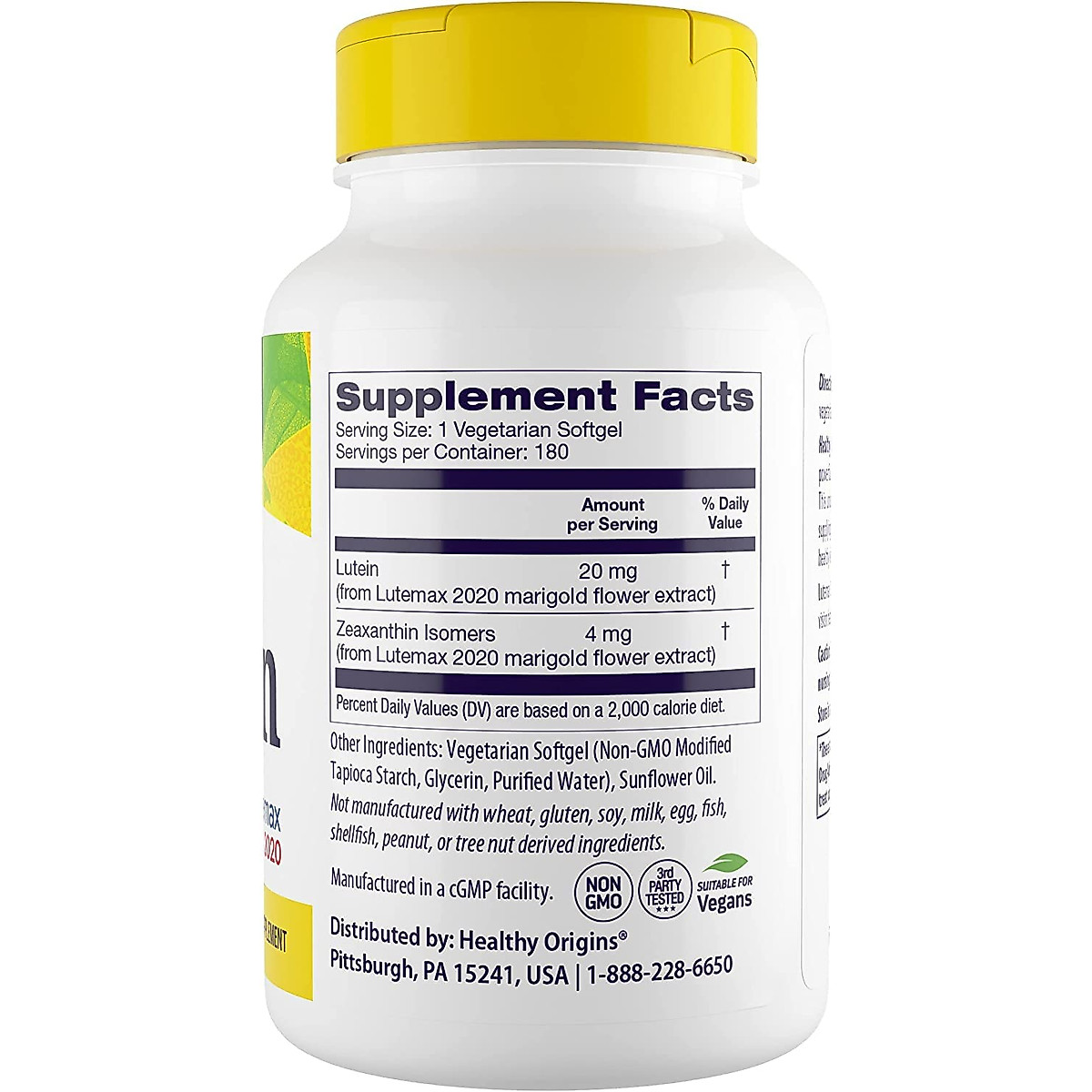 Healthy Origins Lutein (Lutemax 2020), 20 mg - for Healthy Vision & Eye Health - Supplement with Zeaxanthin - Vegan, Non-GMO & Gluten-Free Supplement - 180 Veggie Gels