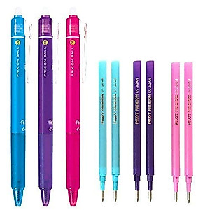 Pilot FriXion Ball Knock Retractable Erasable Gel Ink Pens, Extra Fine Point 0.5mm, Pink/Violet/Light Blue Ink, 3 Pens & 6 Refills Value Set