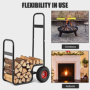 Goplus Firewood Log Cart, Outdoor Indoor Firewood Rack Storage Mover with Pneumatic Rubber Wheels, Heavy Duty Steel Wood Hauler, Firewood Carrier for Fireplace, Fire Pit, 220 LBS Capacity