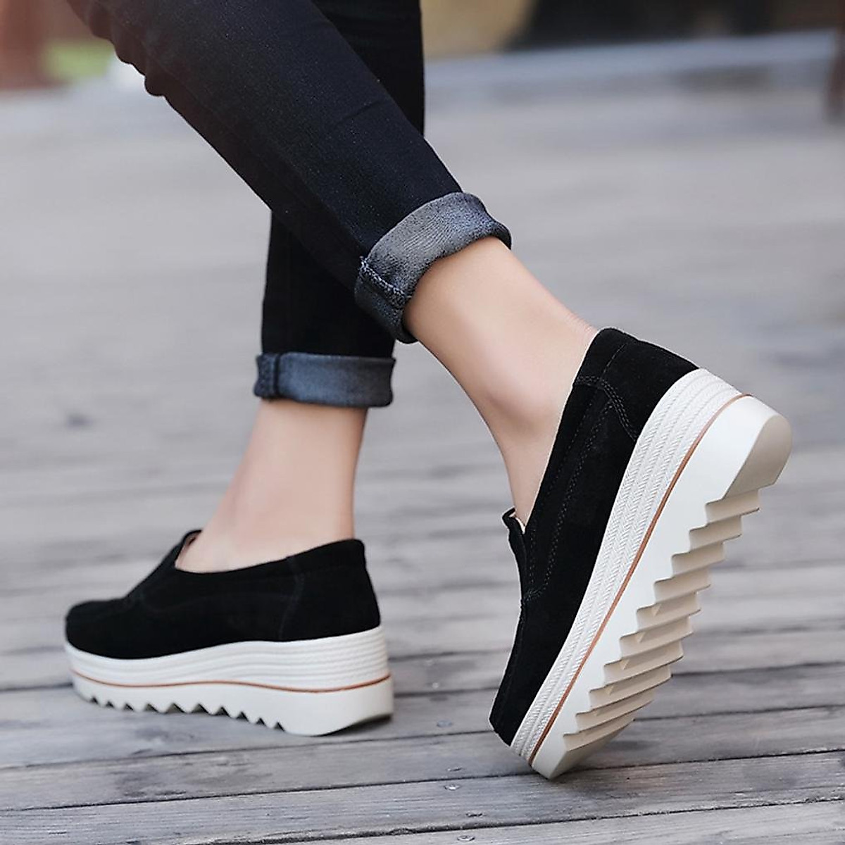 IEason-shoes, Women Flats Muffin Shoes Sneakers Leather Casual Shoes Creepers Moccasins (8, Black)