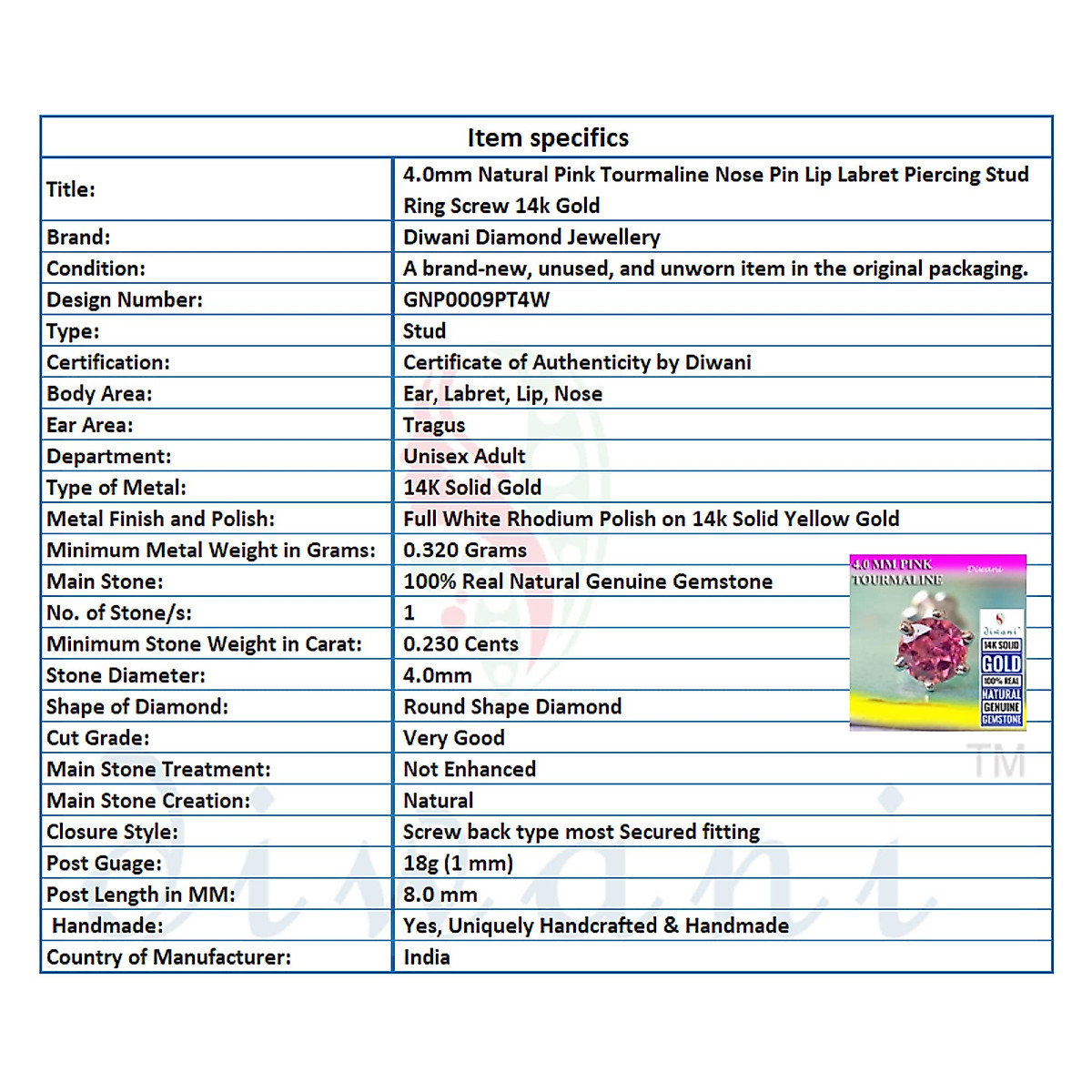 Diwani 14k Gold 4.0mm Natural Pink Tourmaline Gemstone Engagement Wedding Nose Lip Labret Monroe Body Piercing Ring Stud Pin Screw (0.23 Cents, Color- Pink)18 Gauge thick 8.0mm Length Screw back Post