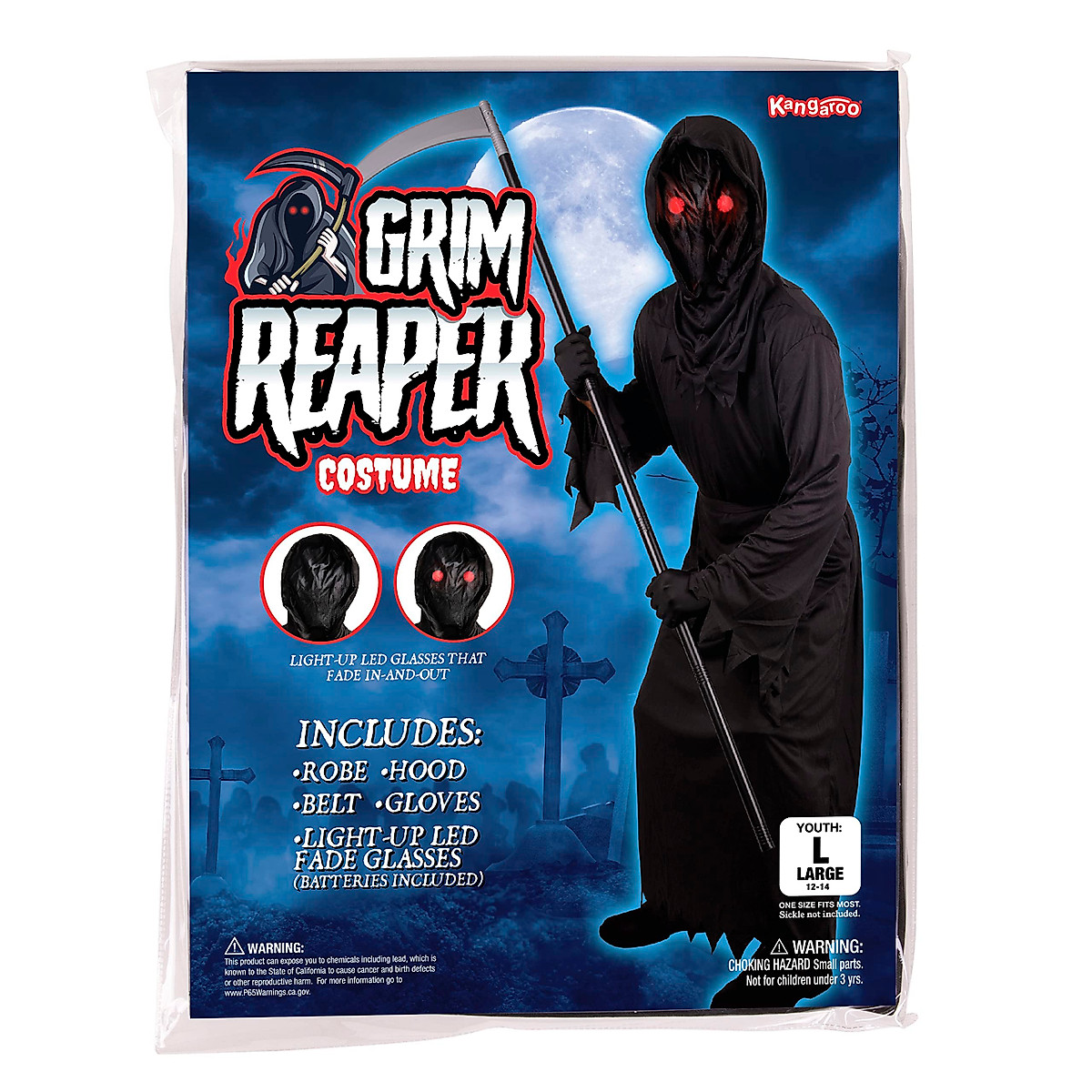 Kangaroo Black Grim Reaper Costume for Kids – Phantom Costume with Glowing Red Eyes - Cosplay Night Reaper Robe - Kids Halloween Costume, Cosplay, Role Play, Themed Parties for Boys and Girls
