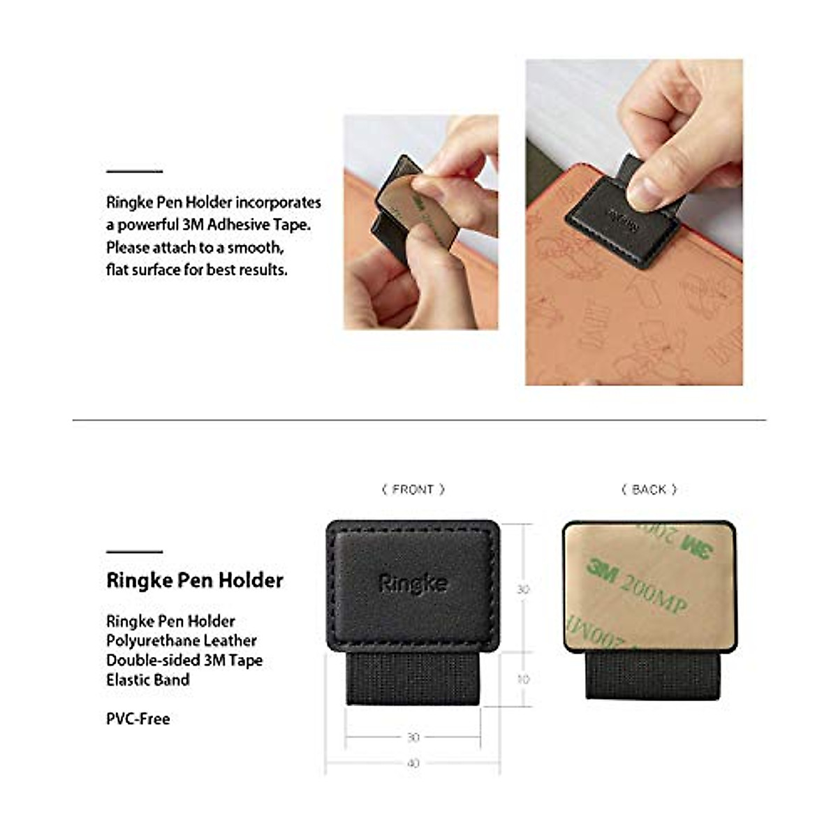 Ringke Pen Holder for Apple Pencil, Journal, Notebooks, and More - 3M Self Adhesive PU Leather Durable Pen Loop with Elastic (3 PACK) - Black