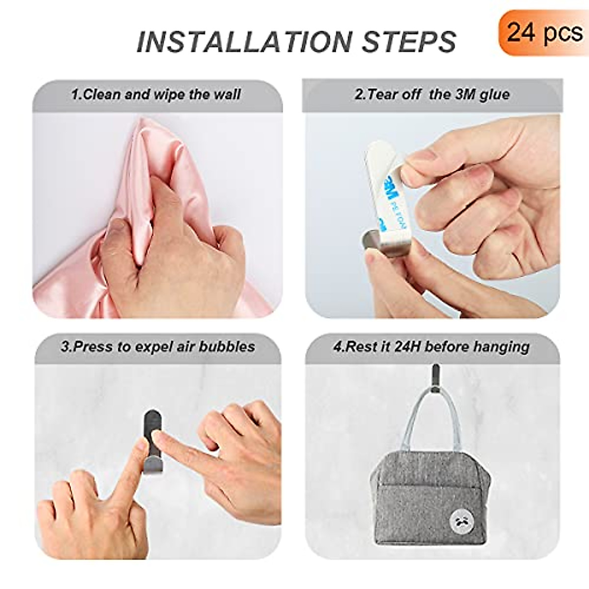 carinacoco Wall Hooks Adhesive 24 Pack Stainless Steel Hanging Hooks for Kitchenware Bath Robe Towel Jackets Bag