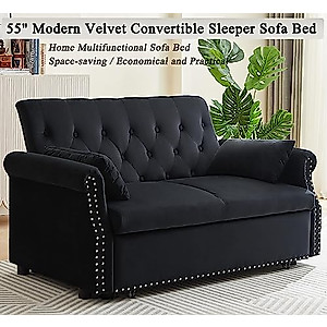 55"Convertible Loveseat Sofa Couch with Pull-Out Sleeper,3-in-1 Modern Love seat Couch Bed with Adjustable Backrest and 2 Pillows,Velvet 2 Seater Couch Bed for Small Spaces Living Room(Black)