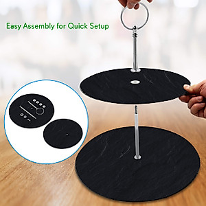 NutriChef Two Tier Slate Cake Stand-Round Multi Level Tray Serving Plate,Cupcake Holder Display,Dessert Tower,Fruit Platter w/Stainless Steel Rods and Handle,for Wedding,Birthday