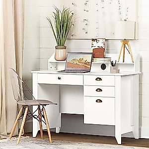 White Desk with Drawers and Hutch, White Desk Wooden Executive Desks with Storage Shelf, Writing Desk with File Drawer, Home Office Desk, for Small Space, White