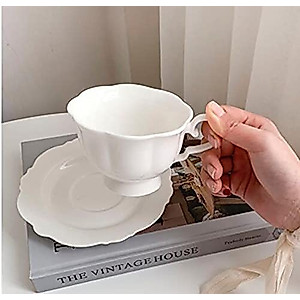 Jucoan Set of 6 Porcelain Tea Cups and Saucers, Bone China Tea Cup Set, 6 oz White Porcelain Tea Set, Coffee Cups, Espresso Cups for Latte Tea, British Tea Cups Gifts for Wedding Birthday