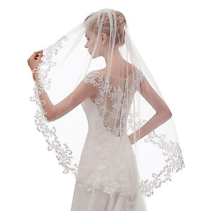 EllieHouse Womens Short Fingertip Length 1 Tier Lace Ivory Wedding Bridal Veil with Metal Comb L69IV