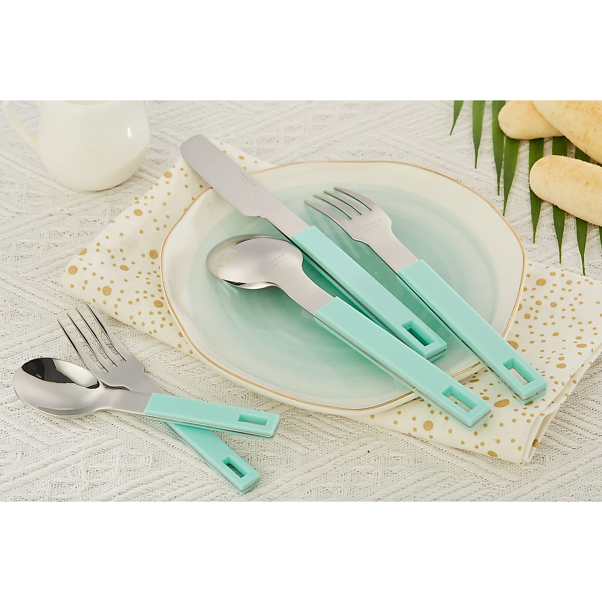 ANNOVA Silverware Set 20 Pieces Stainless Steel Cutlery Color Block Handle Modern Style Flatware - 4 x Dinner Knife; 4 x Dinner Fork; 4 x Salad fork; 4 x Dinner Spoon; 4 x Dessert Spoon (Turquoise)