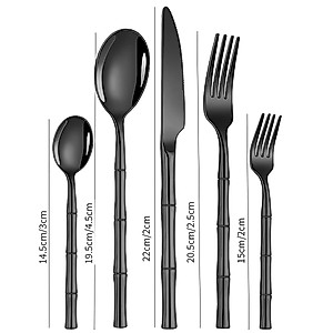 60 Piece Bamboo Shaped Flatware Set Service for 12, 18/10 Stainless Steel Black Bamboo Handle Silverware Cutlery Set For Home Kitchen Hotel Utensils, Mirror Polished, Dishwasher Safe