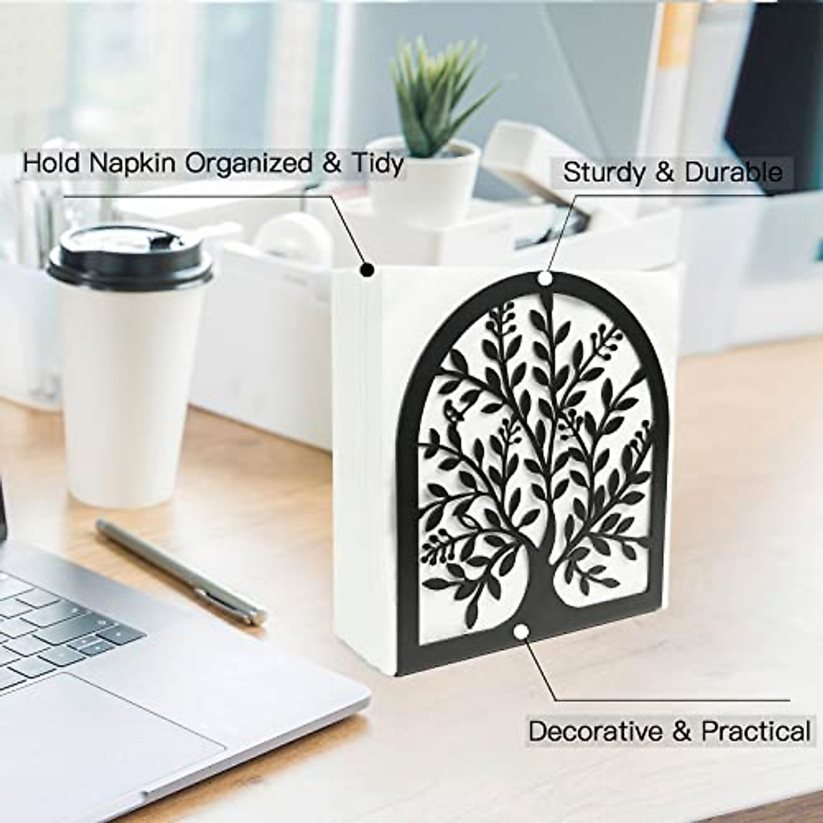 Fobule Napkin Holder for Tables, Vintage Metal Freestanding Tissue Dispenser, Black Cast Iron Vertical Tabletop Paper Napkin Holder Stand for Dinner Home Kitchen Restaurant Picnic Party (Tree of Life)