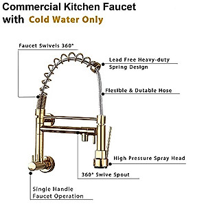 Kitchen Sink Faucet for Bar Farmhouse Commercial, Golden/Brushed Nickel/Chrome Spring Kitchen Faucet, Swivel Side Sprayer Dual Spout Kitchen Tap, 360 Rotation Kitchen Sink Cold Water Faucet (Color :