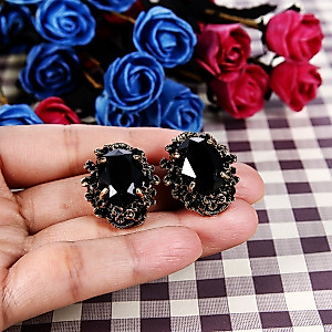 BriLove Victorian Style Clip On Earrings for Women Crystal Floral Cameo Inspired Oval Earrings Black Antique-Gold-Toned.